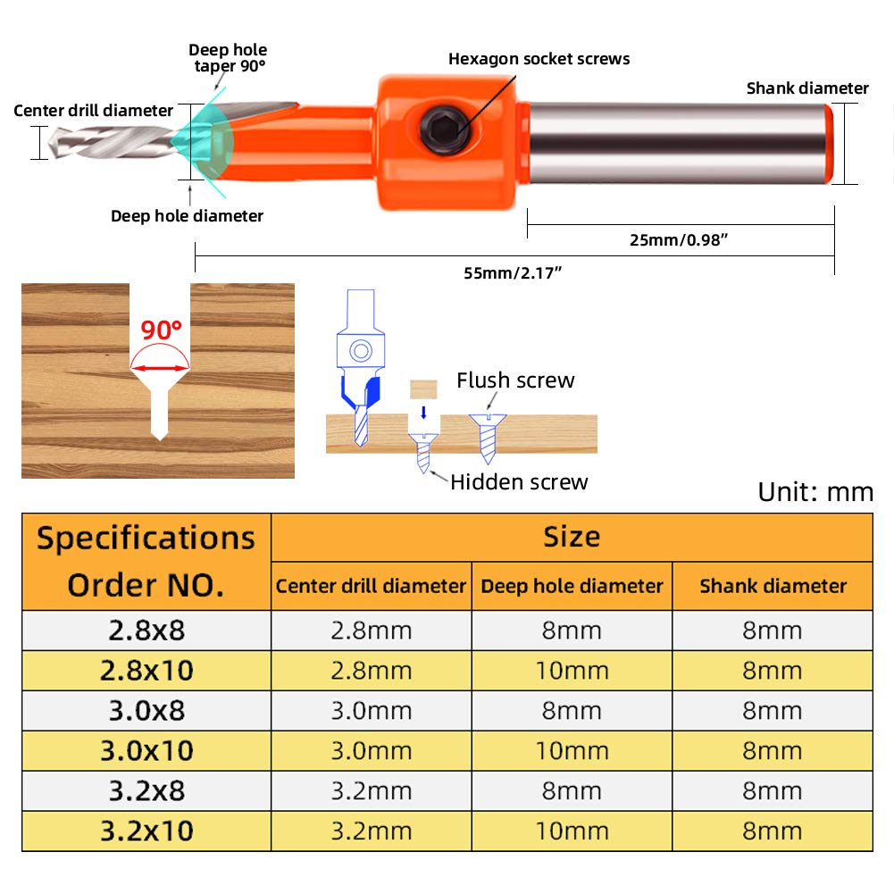 SENDRILL Wood Working Countersink Drill Bit Set Round Shank for Timber Working, with Hex Key Wrench(6PCS)