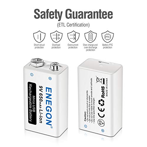 ENEGON 9V Direct USB Rechargeable Lithium-ion 650mAh Batteries with 2 in 1 Micro USB Cable for Wireless Microphone, Smoke Alarms, Electronic Toys, Walkie-Talkie and More Devices (4 Pack)
