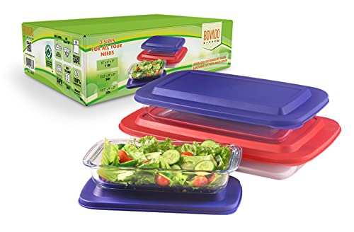 Bovado Glass Bakeware Set + BPA-Free Lids (1QT + 2.2QT + 3QT) | 3 Baking Dishes + Lids | Premium Rectangular Glass Baking Dishes for Casseroles, Lasagna, Leftovers & Cooking | Essential Kitchen Items