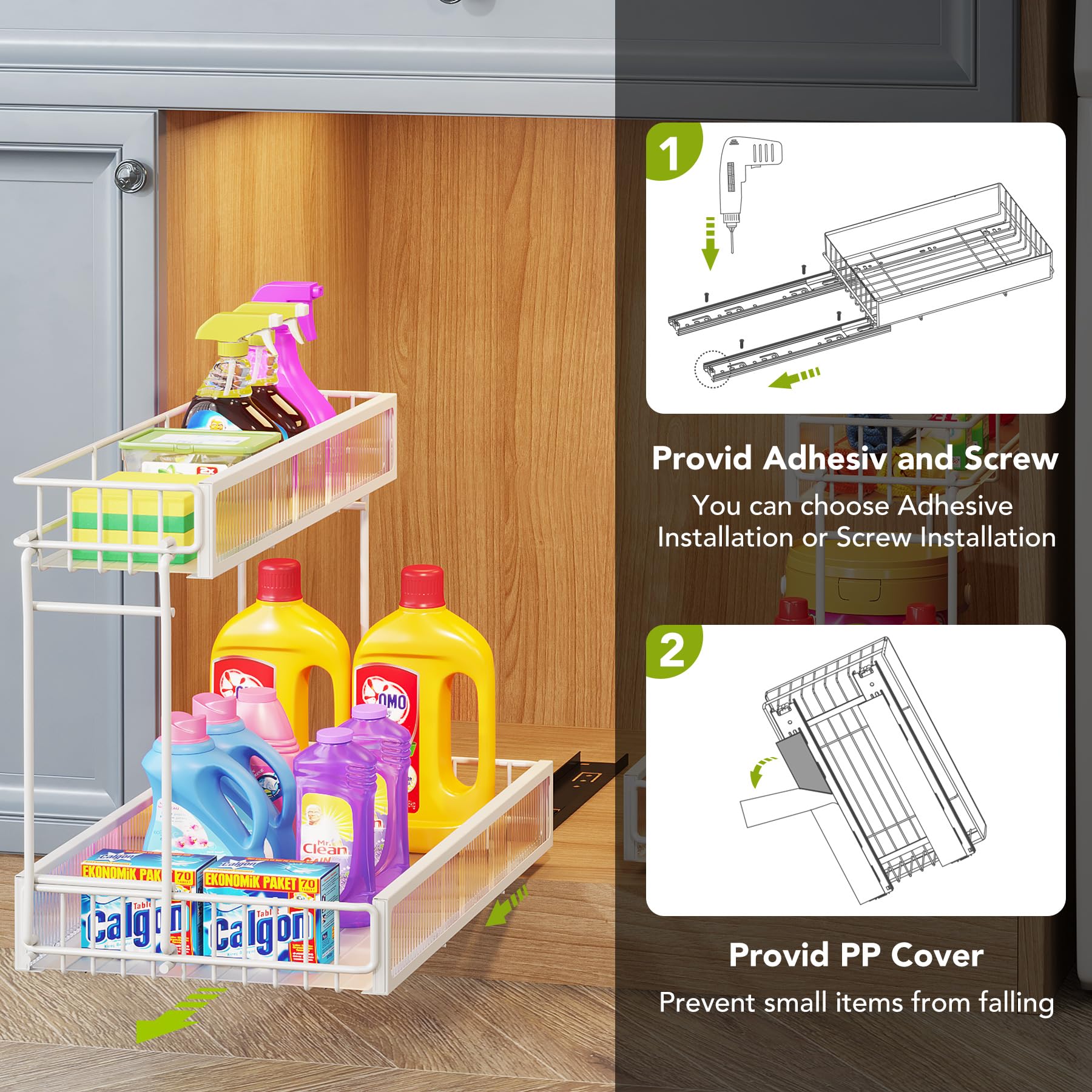 1Eayslife White Under Sink Organizer, 2 Tiers Pull Out Cabinet Organizer, Acrylic Slide Out Cabinet Storage Shelf with Wire Drawer and PP Cover
