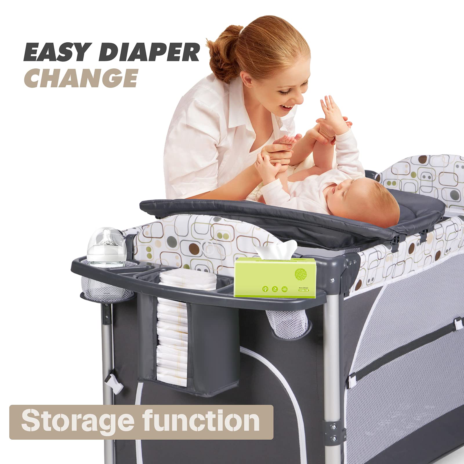 Heyo.Ja Double Layer Baby Portable Playard, 5 Height Adjustable Crib,Changing Table, Foldable Bassinet Bed with Luxury Mosquito Net,Toys Bag,Wheels & Brake, Game Entrance for Boys Girls(Grey)