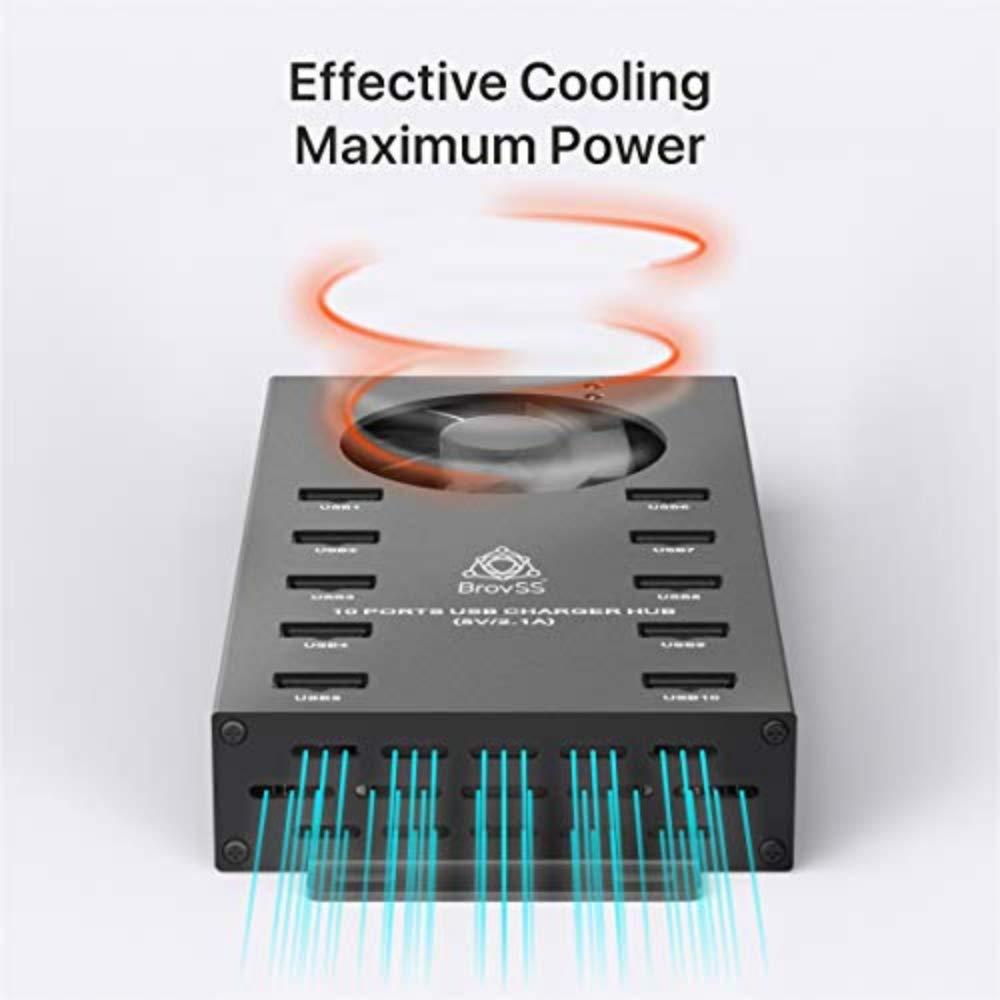 BrovSS: 10 Port USB 3.0 Hub - USB Hub Charger - Powered USB Hub - USB Charging Splitter - Multiple USB Port Hub - Charging Hub with 5V 10A 120W Power Adapter, Cooling Fan, Mounting Brackets (Black)