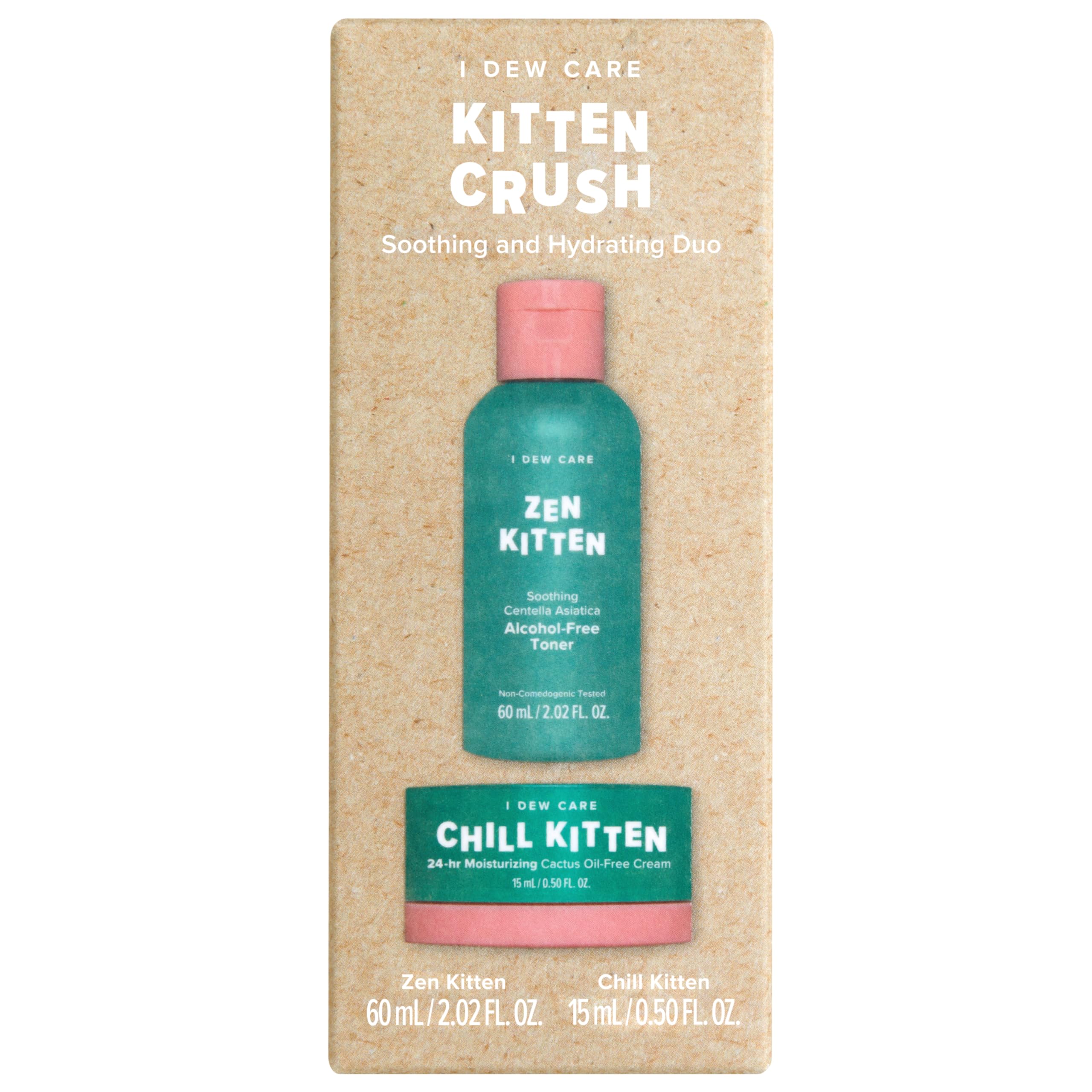 I Dew Care Travel Skincare Set - Kitten Crush | With Centella Asiatica, Prickly Pear, Aloe Vera, Heartleaf Extract, Hydrating, Facial Toner, and Moisturizer for Blemished Skin, Gift, Gift Set, Spa Day