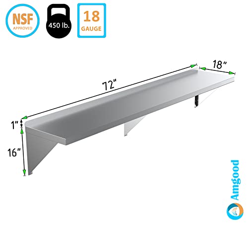 AmGood 18" Width x 72" Length | Stainless Steel Wall Shelf | Square Edge | Metal Shelving | Heavy Duty | Commercial Grade | Wall Mount | NSF Certified