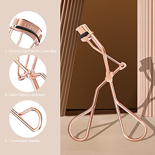 Larbois Eyelash Curler with 5 Extra Refill Pads & Velvet Bag, Professional Eye Lash Curler No Pinching, No Pain and No Pulling, Make up Tool for Perfect Curl in Seconds (Rose Gold)