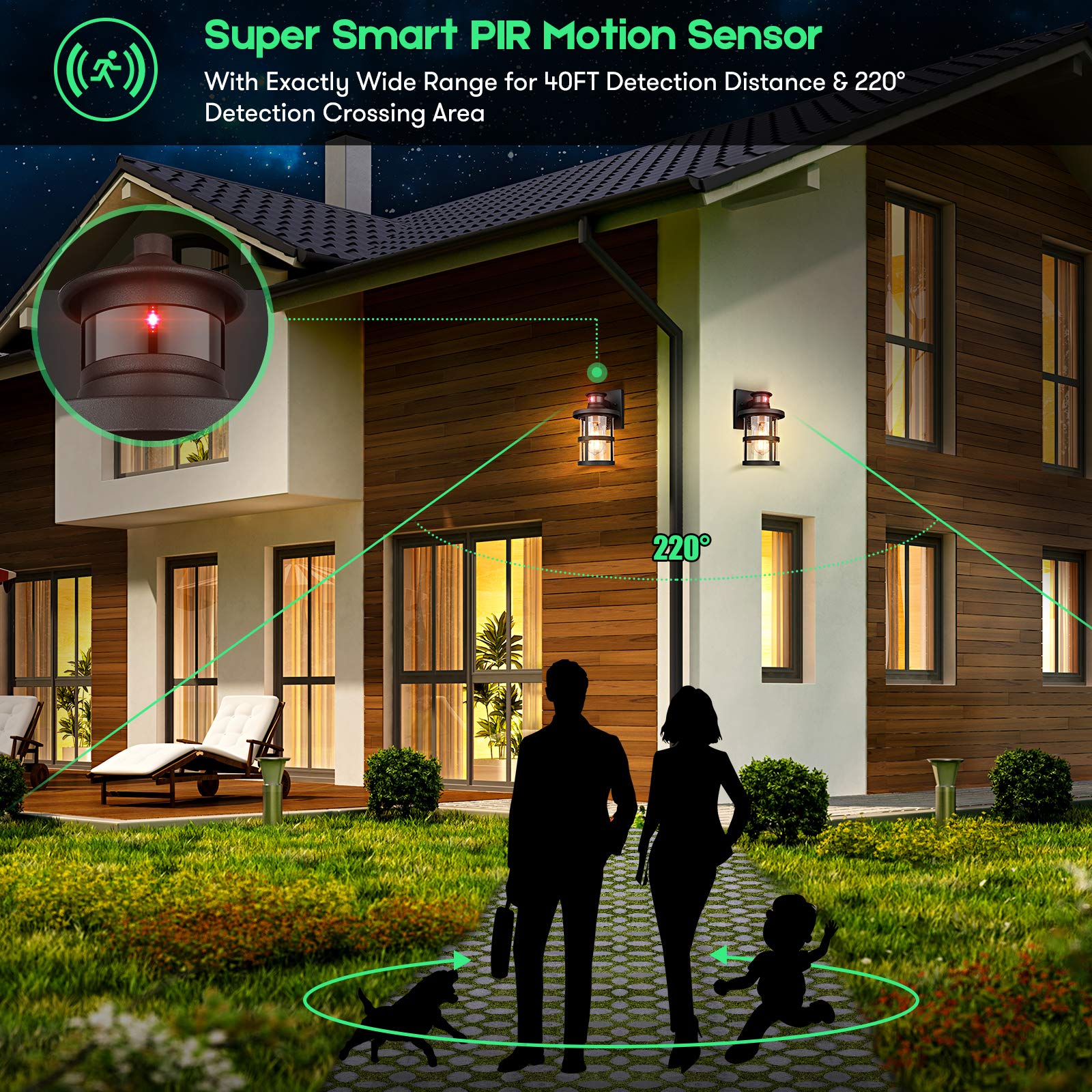 2-Pack Upgrade Outdoor Wall Lantern with Motion Sensor, Waterproof Dusk to Dawn Wall Sconce, Anti-Rust Porch Light Fixtures Wall Mount with Seeded Glass for Entryway Doorway Garage, Motion Activated