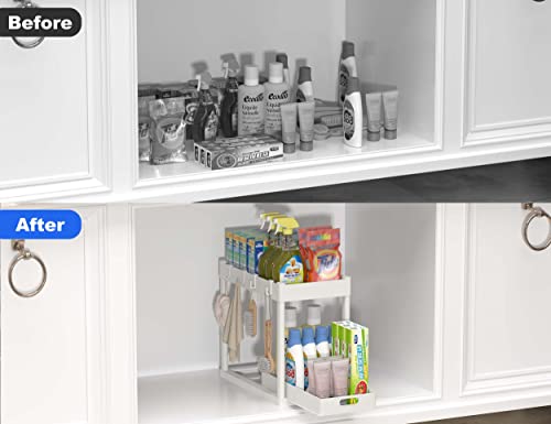2PC Under Sink Organizer Rack 2 Tier Under Sliding Cabinet Basket Organizer Drawer with 4 Hooks, Multi-purpose Under Sink Storage for Bathroom Kitchen Desktop(White)