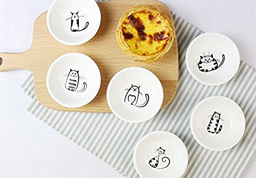 BigNoseDeer Super Cute Cat Ceramic Sauce Dish,Mini Side Seasoning Dish,Condiment Dishes,Sushi Soy Dipping Bowl,Snack Serving Dishes,Meow Porcelain Small Saucer Set(Set of 6)