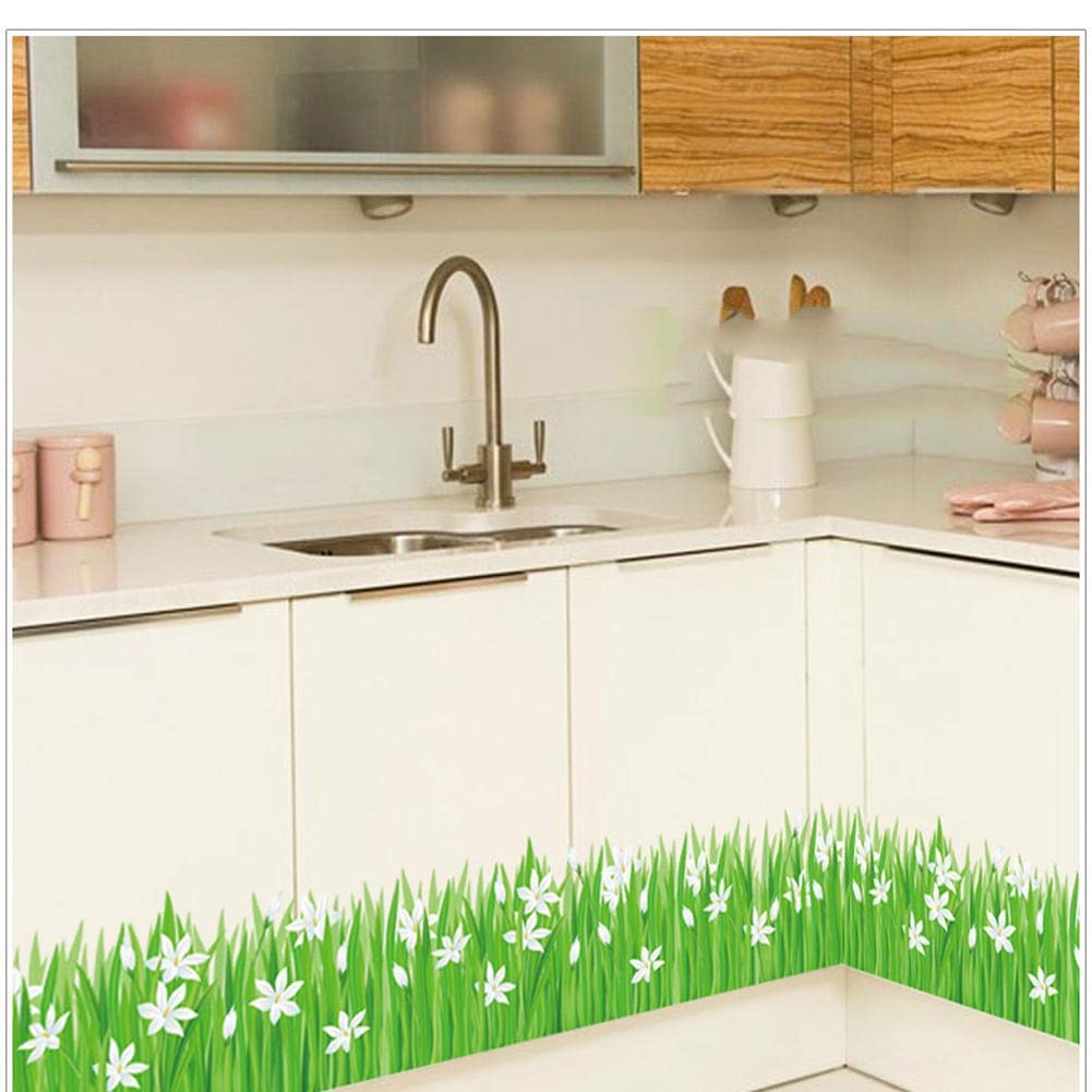 BIBITIME Green Grass White Flower Wall Border Decal Vinyl Sticker Peel and Stick Home Art PVC Murals for Living Room Kitchen Bathroom Window Door Nursery Bedroom Children Kids Room Decor