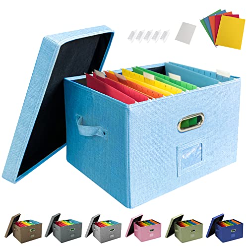 JSungo File Box with 5 Hanging Filing Folders, Document Organizer Storage for Office, Collapsible Linen Storage Box with Lids, Home Portable Storage with Handle, Letter Size Legal Folder, Blue