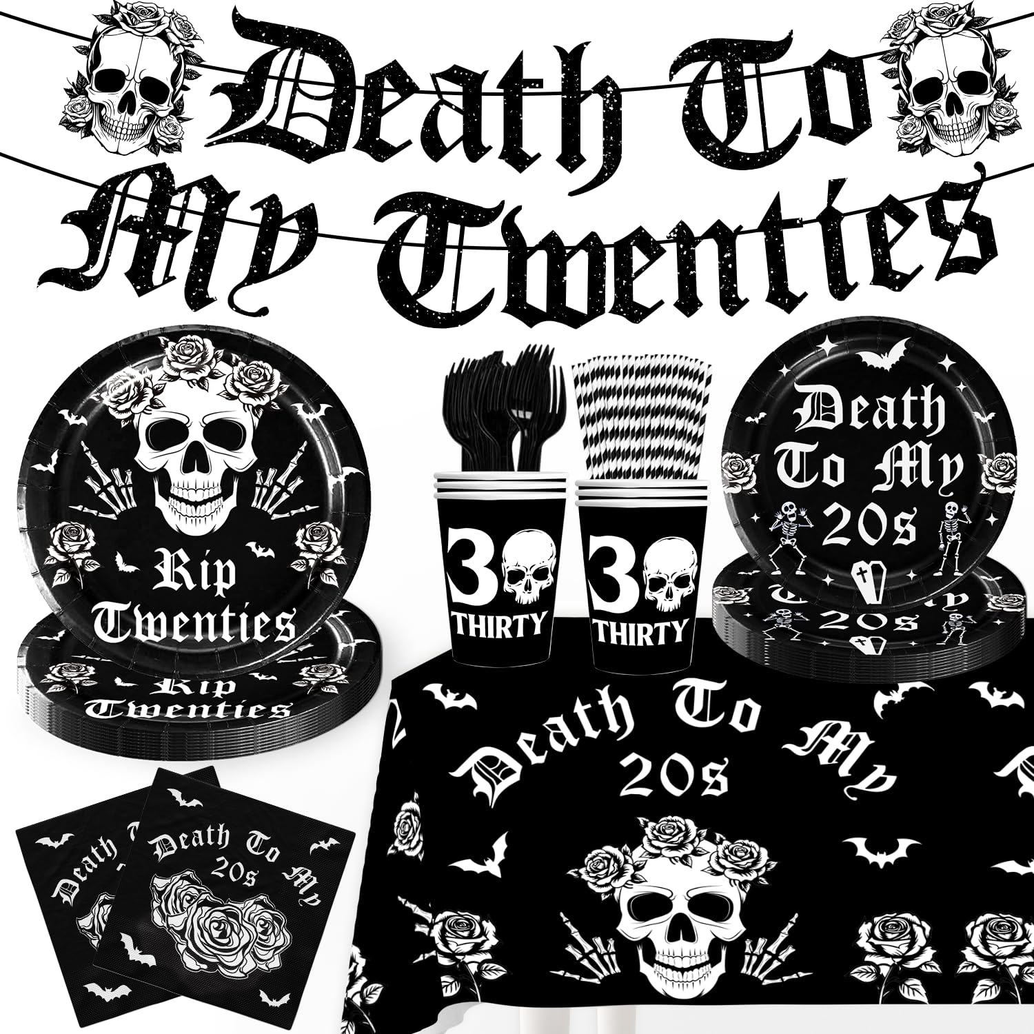 167pcs Death to My 20s Decorations Tableware Set Death to My Twenties Banner Rip Twenties Skull 30th Birthday Decorations Plates Cups Paper Straws Forks Napkins Tablecloth Set Funeral For My Youth