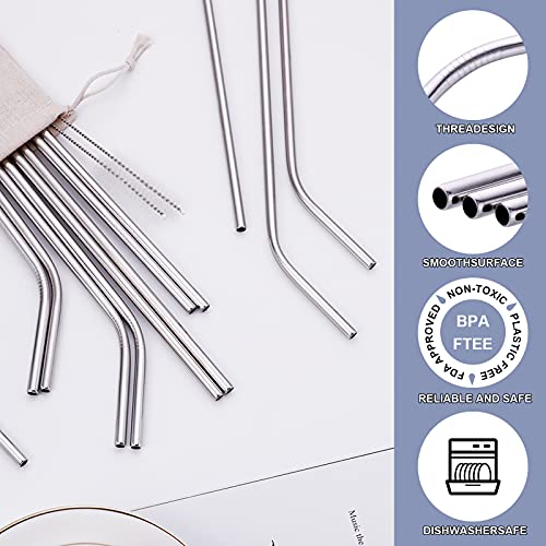 12-Pack Reusable 18/10 Stainless Steel Metal Straws with Silicone Tips & Cleaning Brush, Suotarn Long Drinking Straws for 20 24 30 oz Coffee Tumbler Travel Mug Cup, Dishwasher Safe, Silver