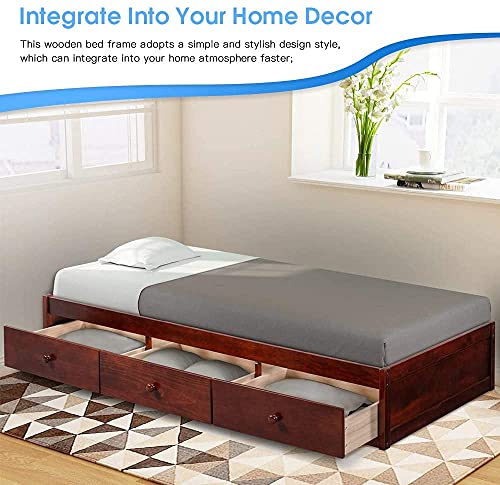 Hooseng Twin Size Platform Storage Bed with 3 Drawers,No Box Spring Needed, Brown Cherry