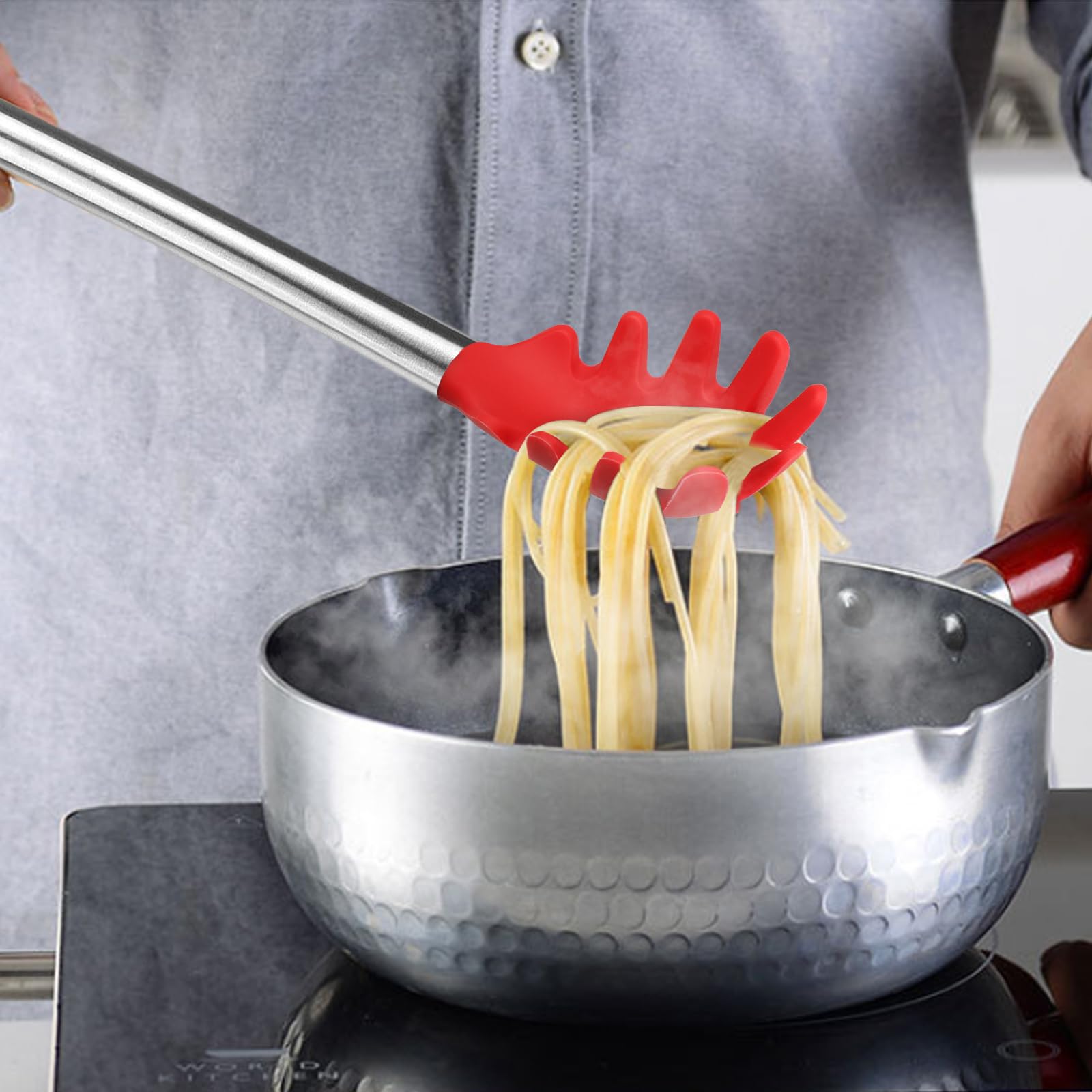 2 Pieces Spaghetti Spoon and Pasta Tong,Non-stick 13-Inch Silicone Spaghetti Fork and 9.8-Inch Stainless Steel Handle Spaghetti Tong Food Clip for Spaghetti Noodle (Red)