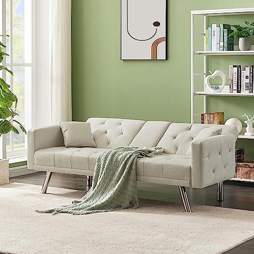 3 in 1 Comfy Daybed Loveseat Convertible Sleeper Couch Bed, Linen Tufted Upholstered Futon Love Seat Sofabed W/Drop-Down Cupholders & Metal Legs for Home Office Apartment Compact Space Living Room