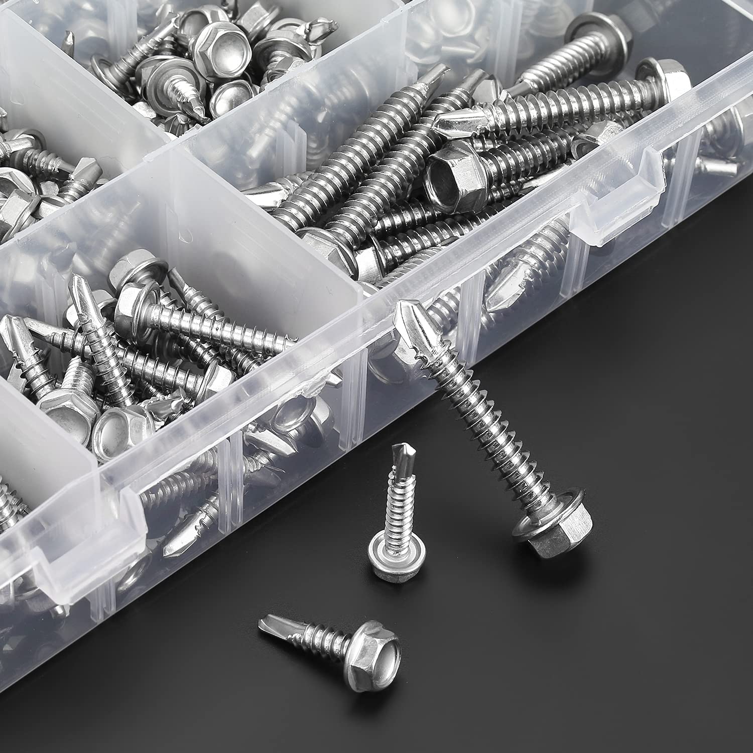 HELIFOUNER 320 Pieces #8#10#14 Hex Washer Head Self Drilling Sheet Metal Screws Assortment Kit, 410 Stainless Steel
