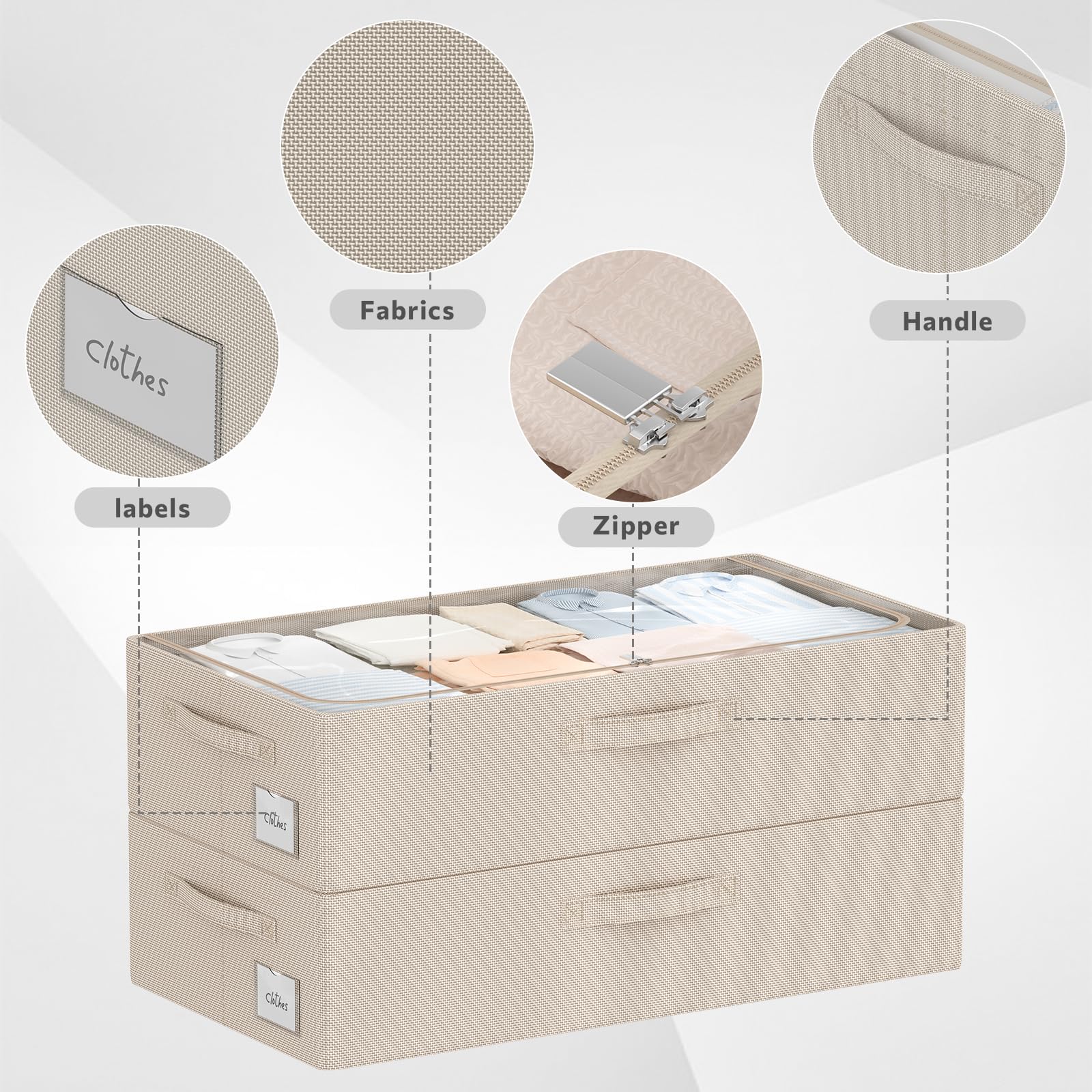 3Pcs Under Bed Storage Bins with Metal Frame - Shoe Organizer for Closet with Clear Cover Oxford Fabric Sturdy Underbed Container Foldable Stackable Clothes Organizer (Beige, 23.5x11.8x6.3)