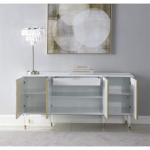 Meridian Furniture Bellissimo Collection Modern | Contemporary Lacquer Sideboard/Buffet Tipped Acrylic Legs Wood Design, 64" W x 18" D x 31" H, White/Gold