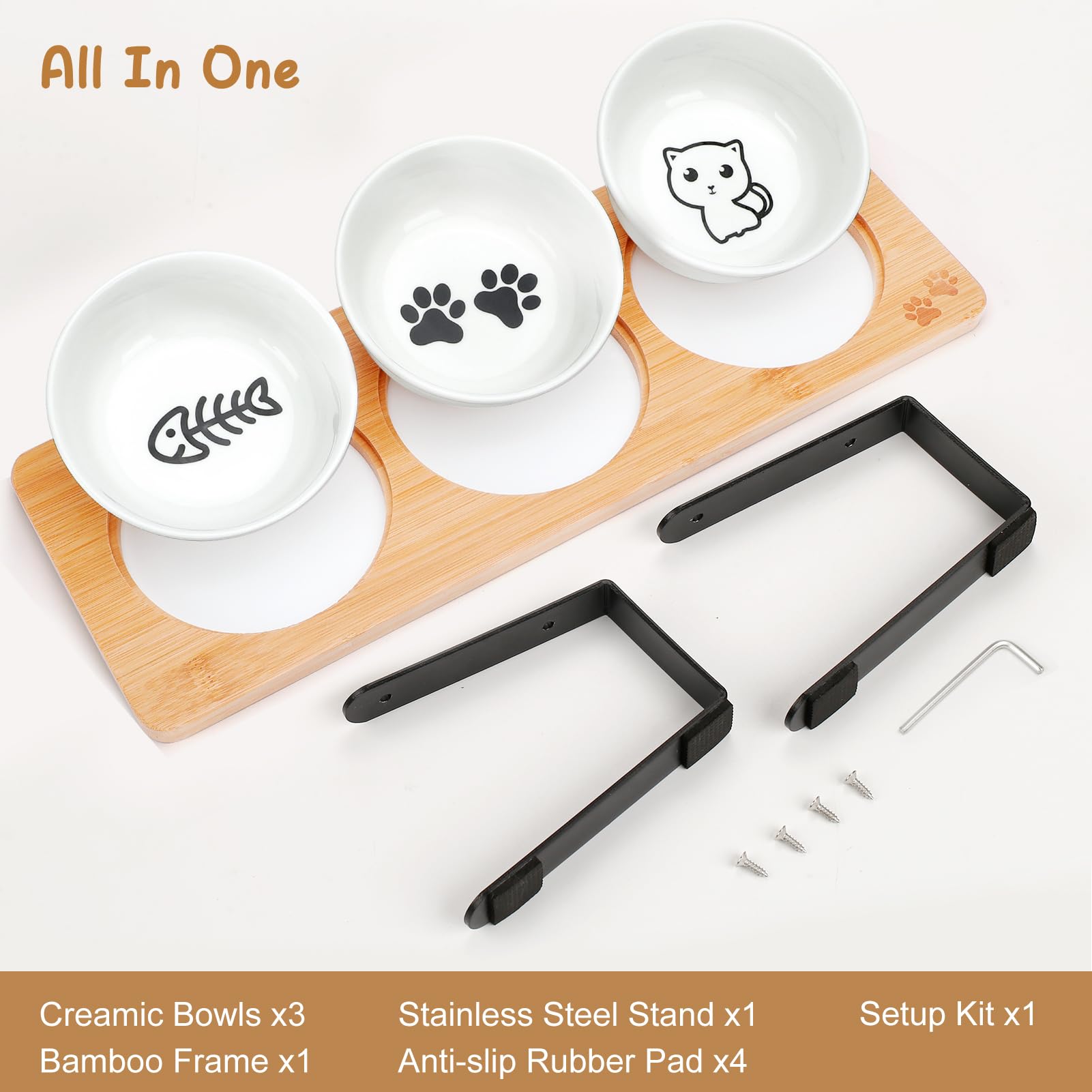 3 Elevated Cat Bowls Tilted Anti Vomiting Ceramic Raised Cat Food Bowls for Food and Water, Cat Dishes for Indoor Cats with Non-Slip Stand & Bamboo Board, Dishwasher Safe - 1 Step Assemble