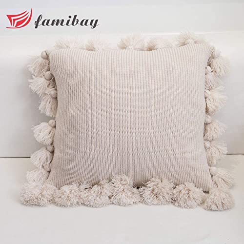 famibay Knitted Pillow Covers with Pompoms Tassel Boho Striped Cable Knit Throw Pillow Cases Decorative Pillow Cushion Cover Set for Home Sofa Couch Bed 18β x 18β Beige