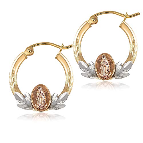 14k Gold Hoop Earrings Virgin Mary for Women – Nice Tri Color Unique Mother Jewelry Gift - Yellow White Rose Hoops - Hermoso Aretes De Mujer Oro (25)