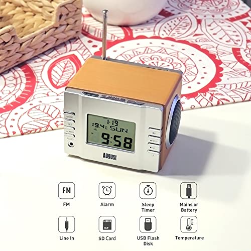August MB300 Mini Wooden MP3 Stereo System and FM Clock Radio, with Card Reader, USB Port & AUX Jack (3.5mm Audio In), 2 x 3W Powerful Hi-Fi Speakers and Built-in Rechargeable Battery