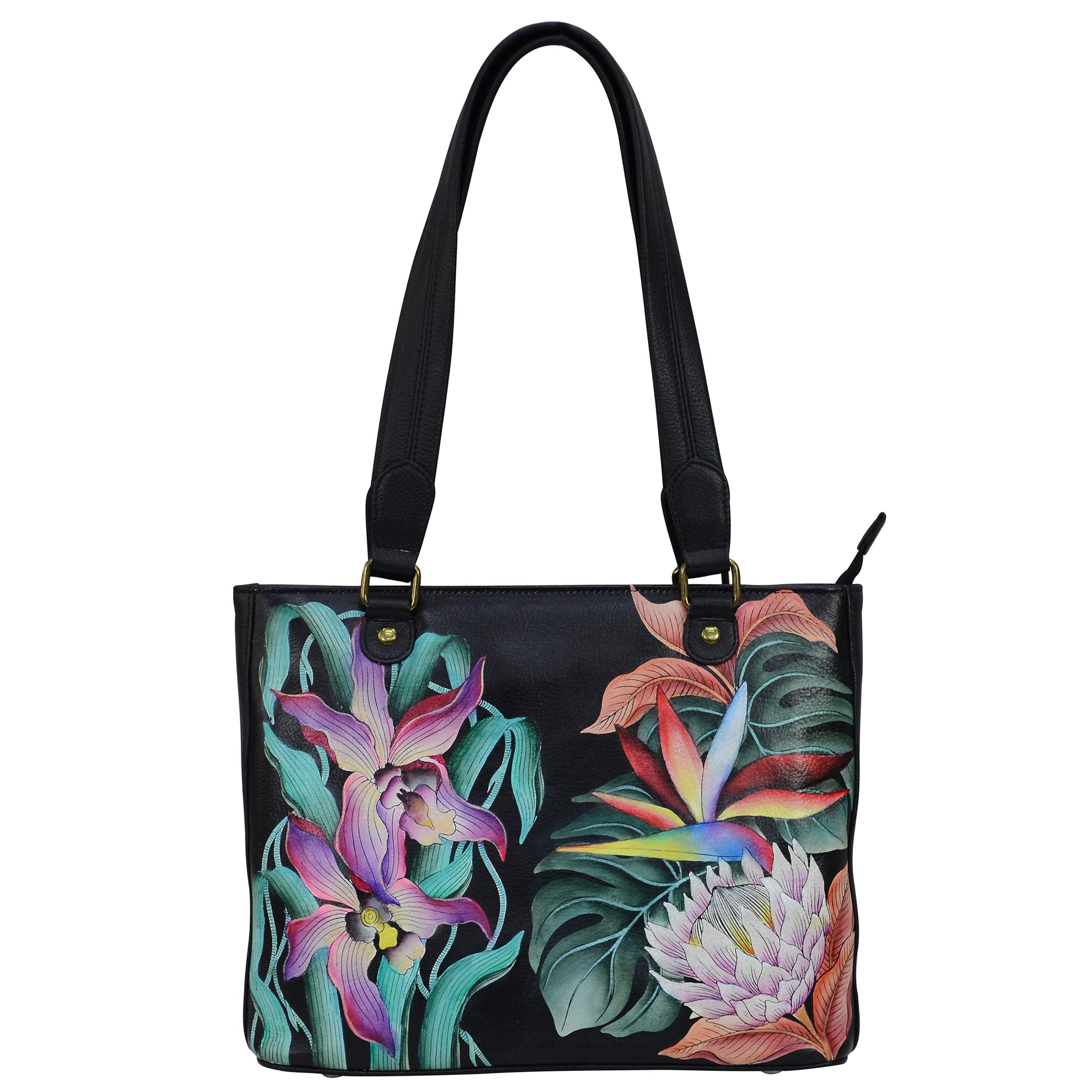 Anuschka Women's Original Hand-Painted Leather Medium Shopper Shoulder Bag, Island Escape Black