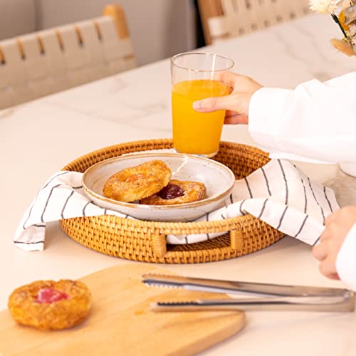 Rattan Round Serving Tray, Hand Woven Serving Basket with Cut - Out Handles, Wicker Fruit/Bread Serving Basket, 11.8 inch