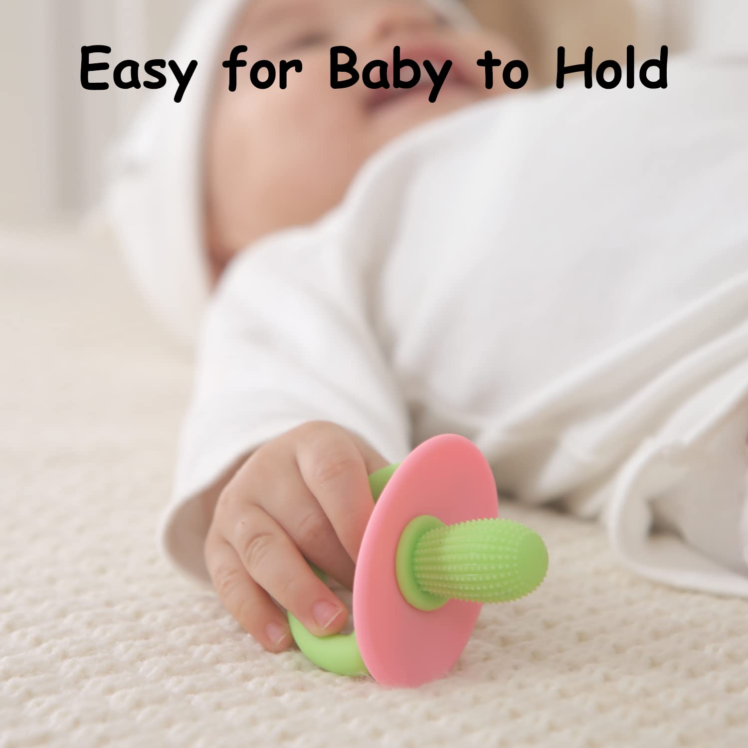 2 Pack Silicone Pacifier Teether, Baby Pacifier Chew Toys, Hands-Free Teething Toys for Babies 0-6, 6-12 Month, Teething Relief Pacifier, Freezable & Chewable Soothes Sore Gums. (2 Pink)