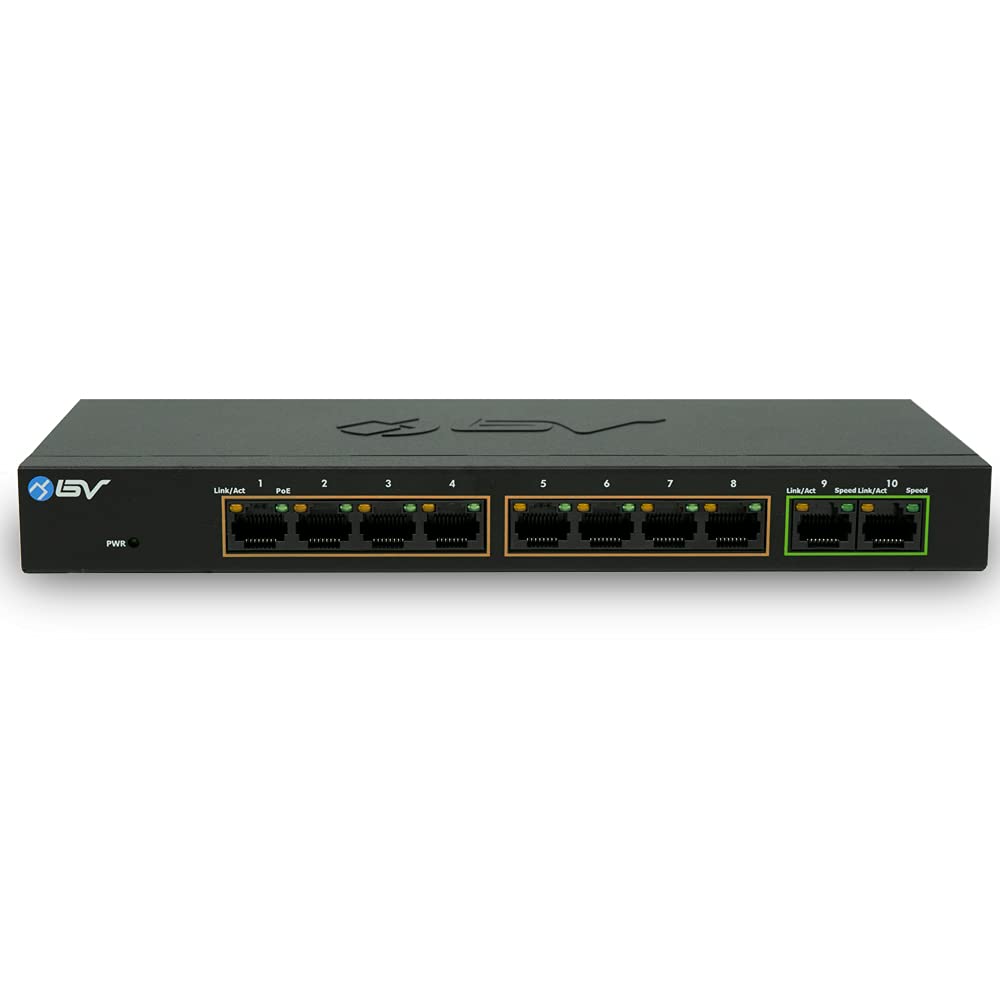 BV-Tech 8-Port PoE+ Gigabit Switch with 2 Gigabit Uplinks, 96W Total Power, NDAA Compliant, 802.3af/at, 30W per Port