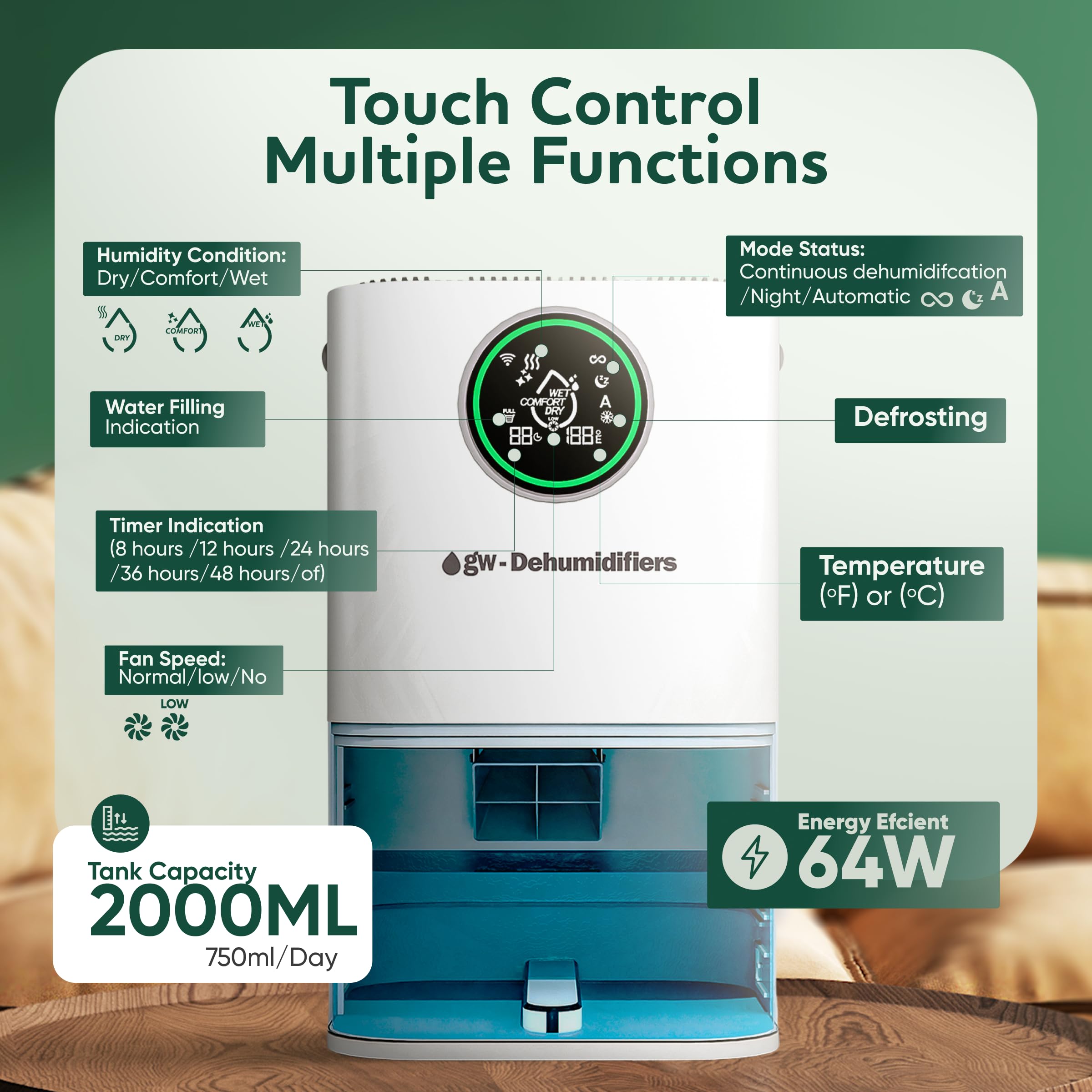 2000ml Gw-Dehumidifiers LED for Home Damp - Quiet Mode & 7 Timers - Electric Dual Peltier Device for High Performance -Portable & Auto TurnOff -Quiet Dehumidifier for Bedroom, Bathroom RV-, white