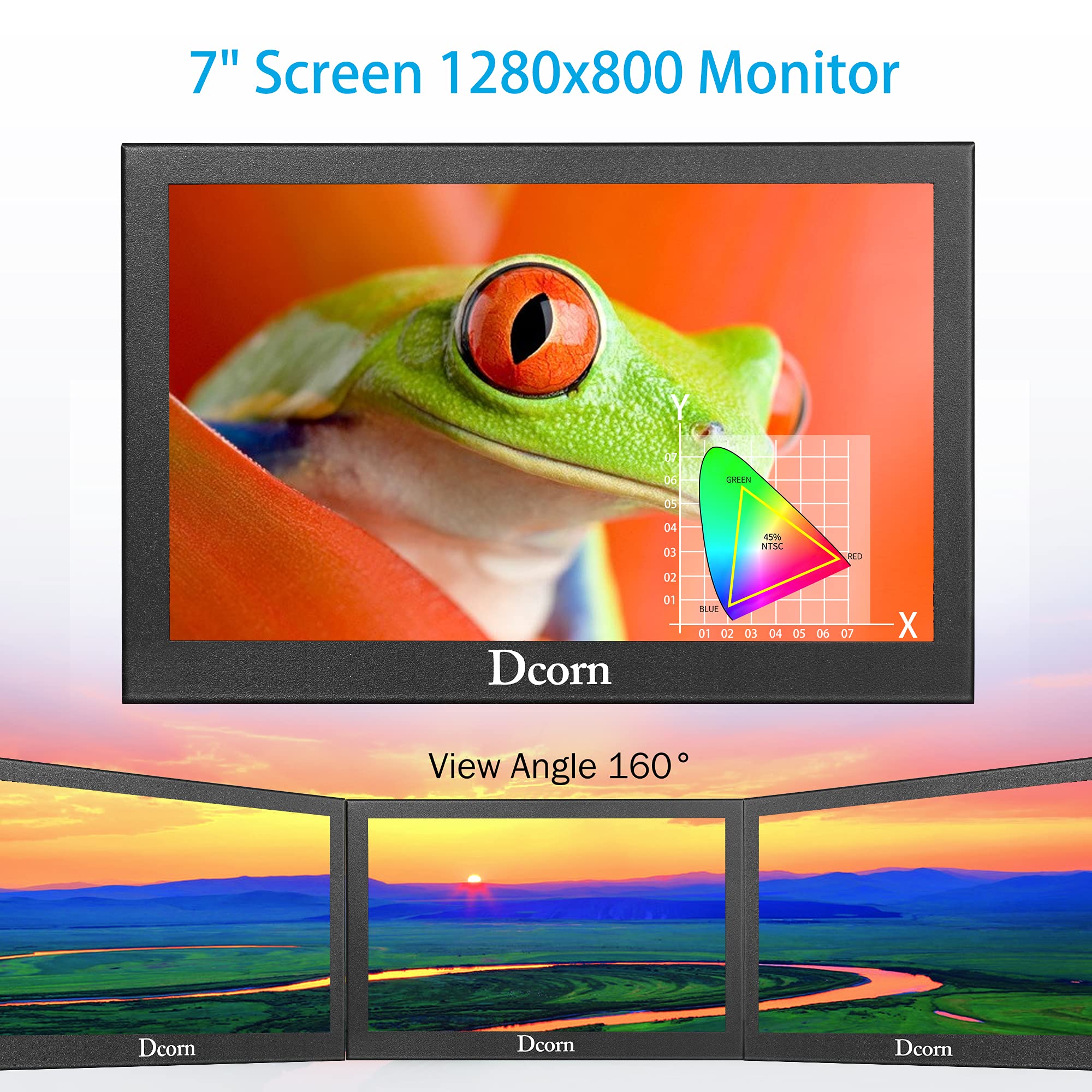 Dcorn 7 inch Mini Monitor,Small HDMI Monitor 1080P IPS Computer Monitors Support HDMI VGA BNC AV Input with Wall Bracket&Remote Control 1280x800 Pixel,160 Full Viewing w/Speaker