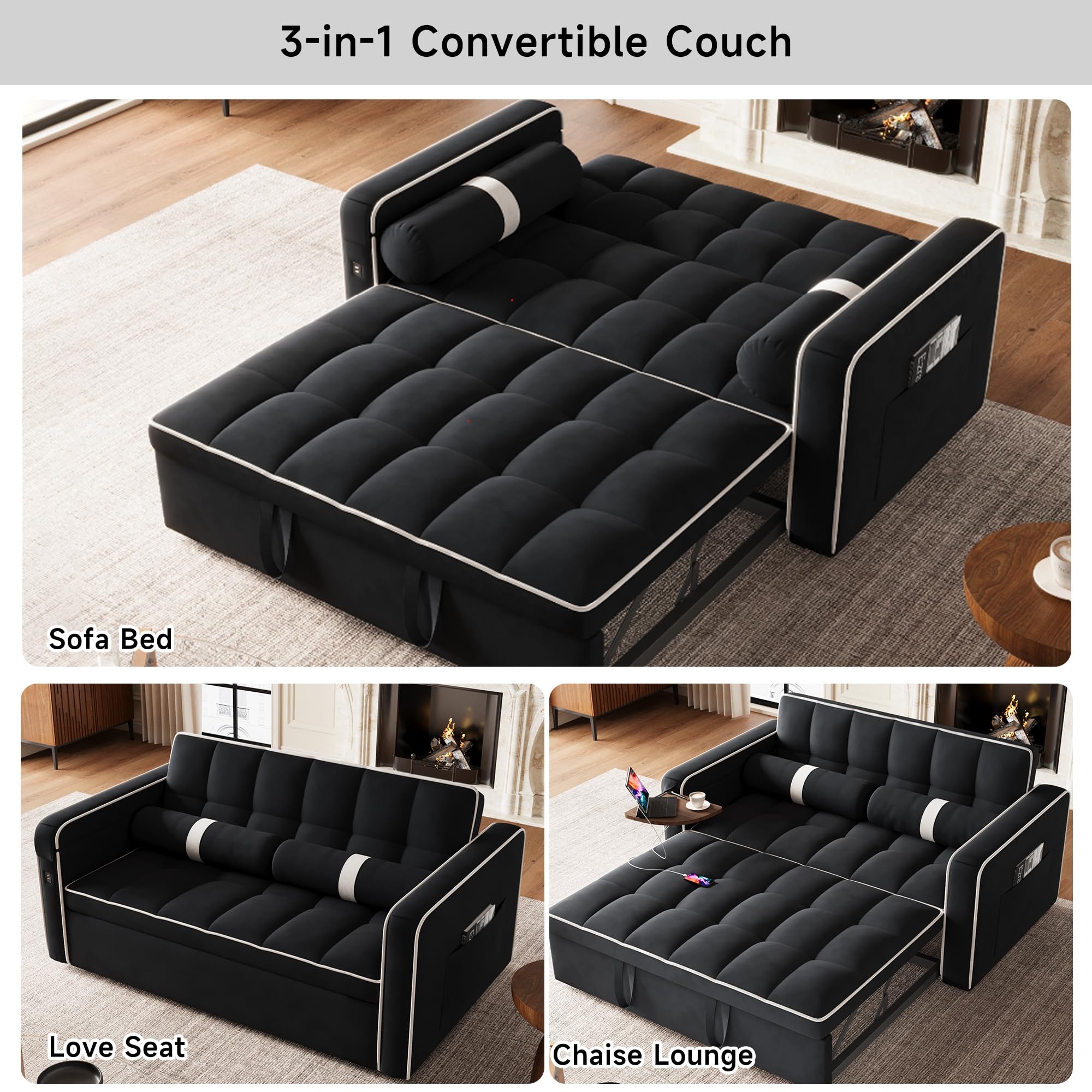 3 in 1 Sleeper Sofa Bed - Convertible Love Seat Couch with Side Table, Tufted Futon Sofa w/Pullout Bed, Adjustable Backrest, Cylinder Pillows, Small Sofa Daybed for Living Room, Apartment (Black)