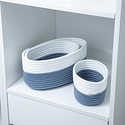Hombins 3 Set Cotton Rope Storage Baskets with Handles | Round Baskets Set for Organization, Toy Basket, Small Soft Baby Nursery Baskets, Cat Dog Toy Basket, Gift, White&Blue