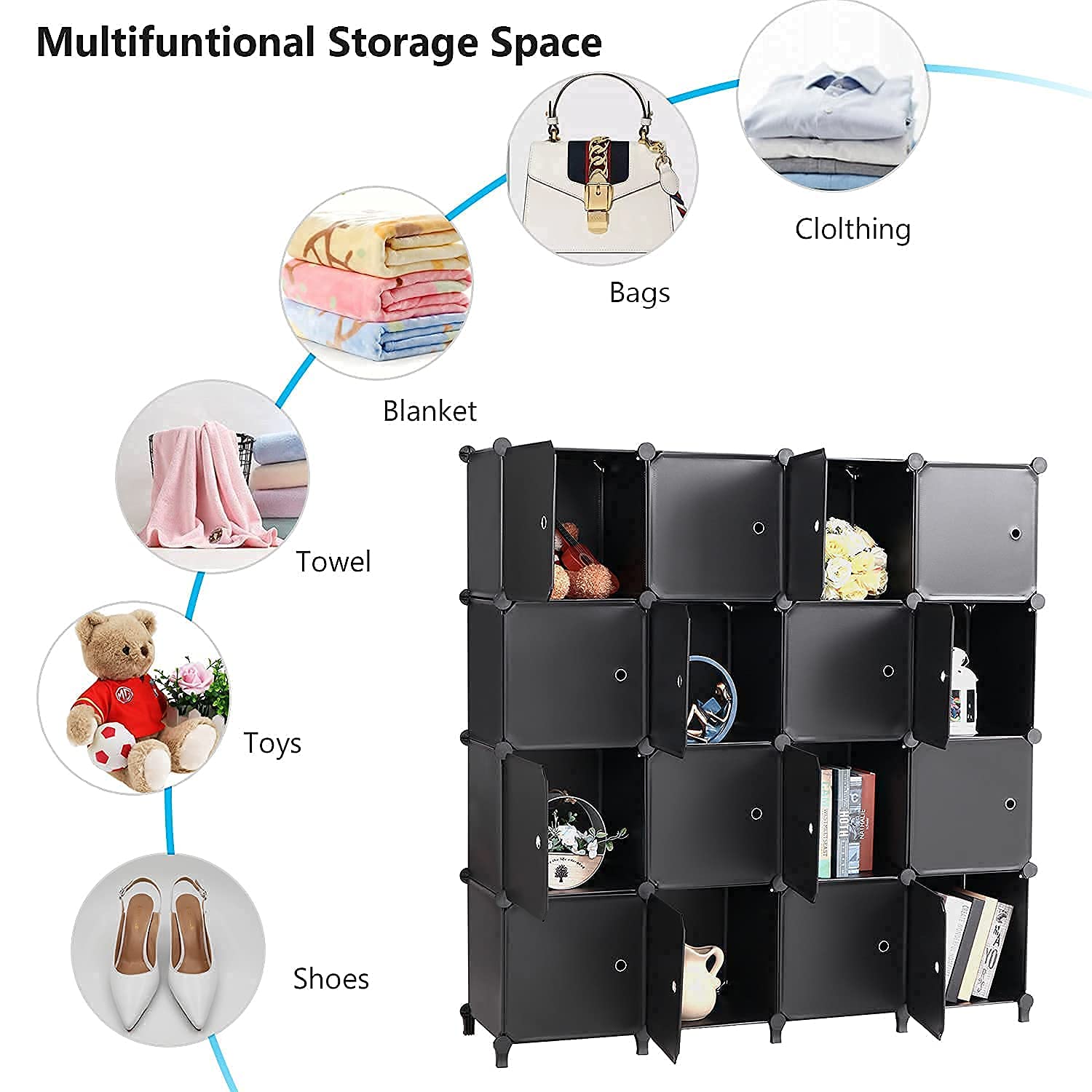 ANWBROAD Cube Storage Organizer, 9-Cube Modular DIY Book Shelf with Doors, Cube Storage Shelf, Plastic Storage Cubbies Cabinet for Living Room Bedroom Office White ULCS09TM