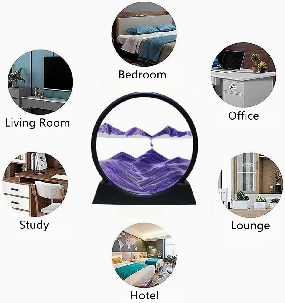 ANXUS Moving Sand Art Picture in Motion Round Glass 3D Deep Sea Sandscape Display Flowing Sand Frame, Sensory Relaxing Desktop Home Office Work Desk Decor(7", Purple)