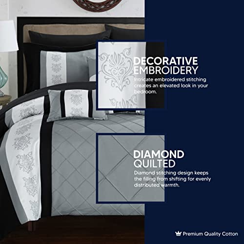 Chic Home CS1644-AN Clayton 10 Comforter Pin Tuck Pieced Block Embroidery Bed in A Bag with Sheet Set Black, Queen, Grey