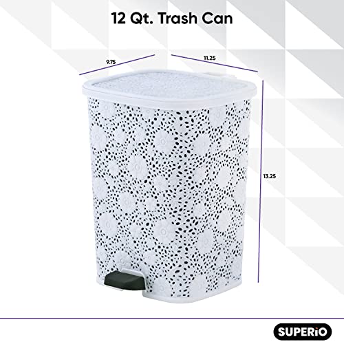 Compact Plastic Step-On Trash Can, Indoor and Outdoor Waste Bin with Foot Pedal, White Decorative Garbage Bin with Lace Design, 12 Qt Small Trash Can for Kitchen, Bathroom, Bedroom, Patio, Yard