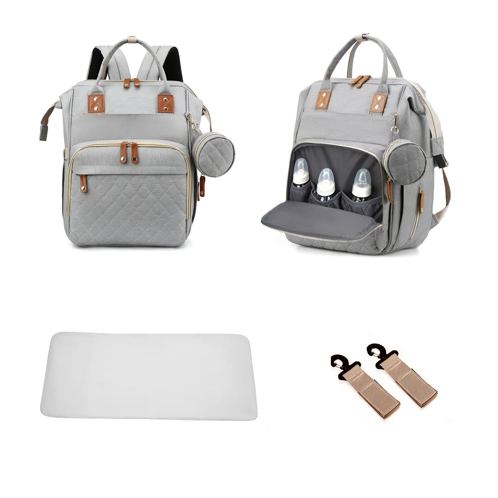 3 in 1 Diaper Bag Backpack with Changing Pad Large Capacity Portable Portable Foldable Mommy Bag Waterproof Newborn Baby Shower Gifts Travel Backpack Stroller Straps(Grey)