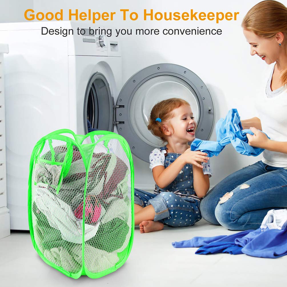3PCS Mesh Laundry Pop-Up Hampers ,Foldable Clothes Washing Laundry Basket Bins ,Handles Kids’ Garments Hamper, for Storage Room ,Kids Toys, College Dorm ,Home Organization Travel Use (Green)