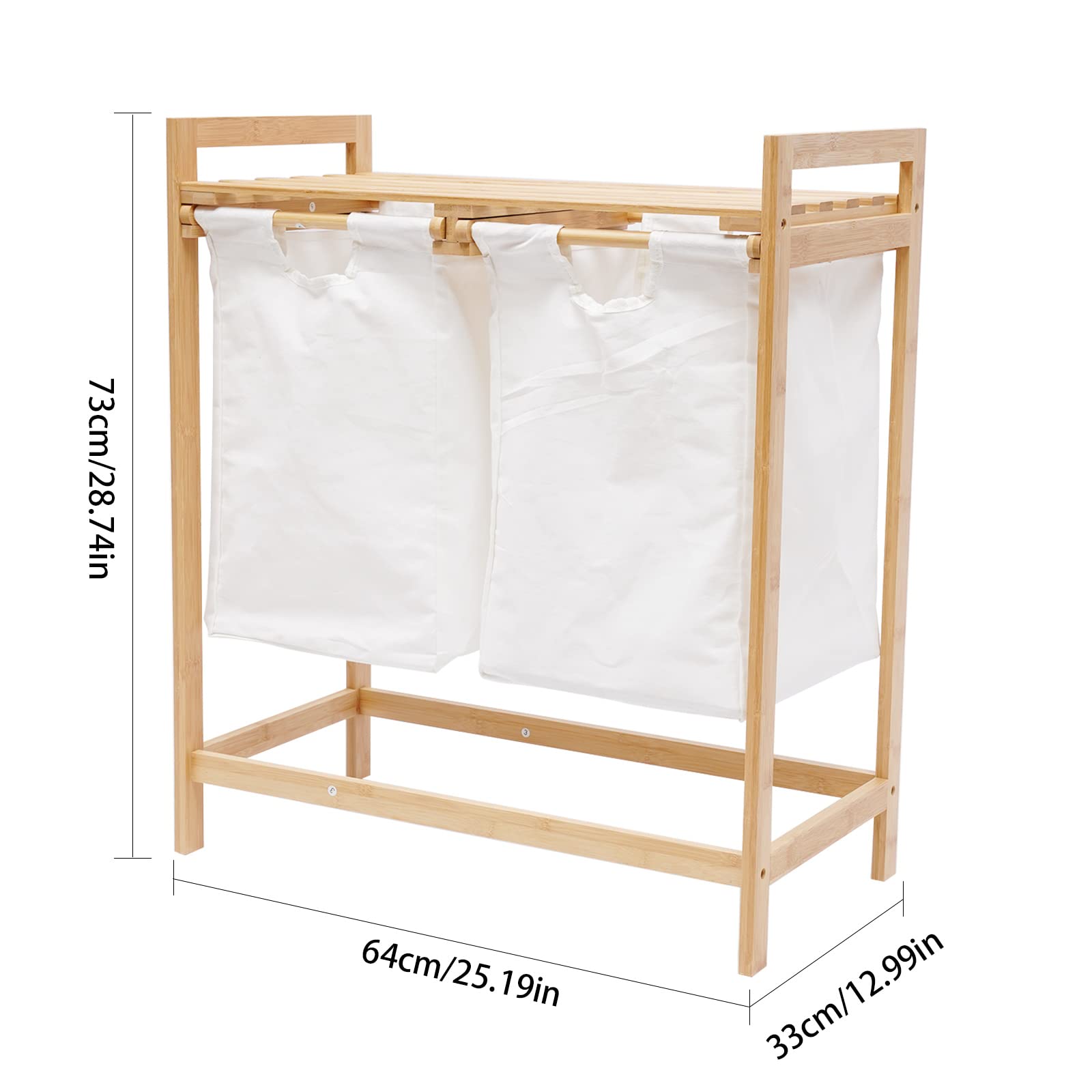 Bamboo Laundry Hamper Basket,Portable Laundry Basket,2 Sections Laundry Clothes Hamper Sorter with Removable Sliding Bag Shelf,Storage Wooden Laundry Sorter for Bedroom,Laundry,Bathroom