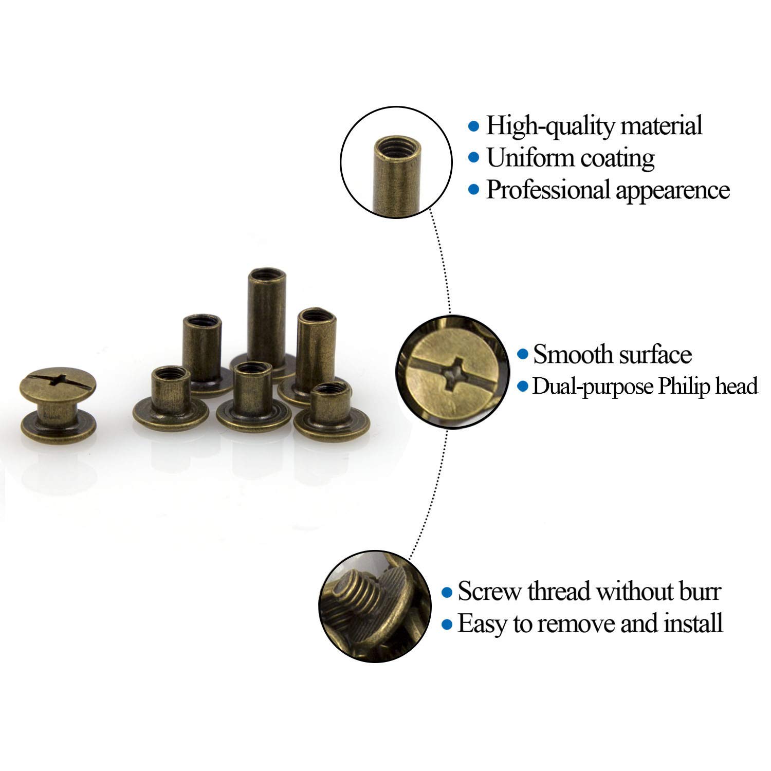 90 Sets Bronze Chicago Screws Leather Assorted Kit ,6 Sizes of Screw Rivets for Leather Rivet for DIY Leather Craft and Bookbinding (M5 X 4, 5, 6, 8, 10, 12)