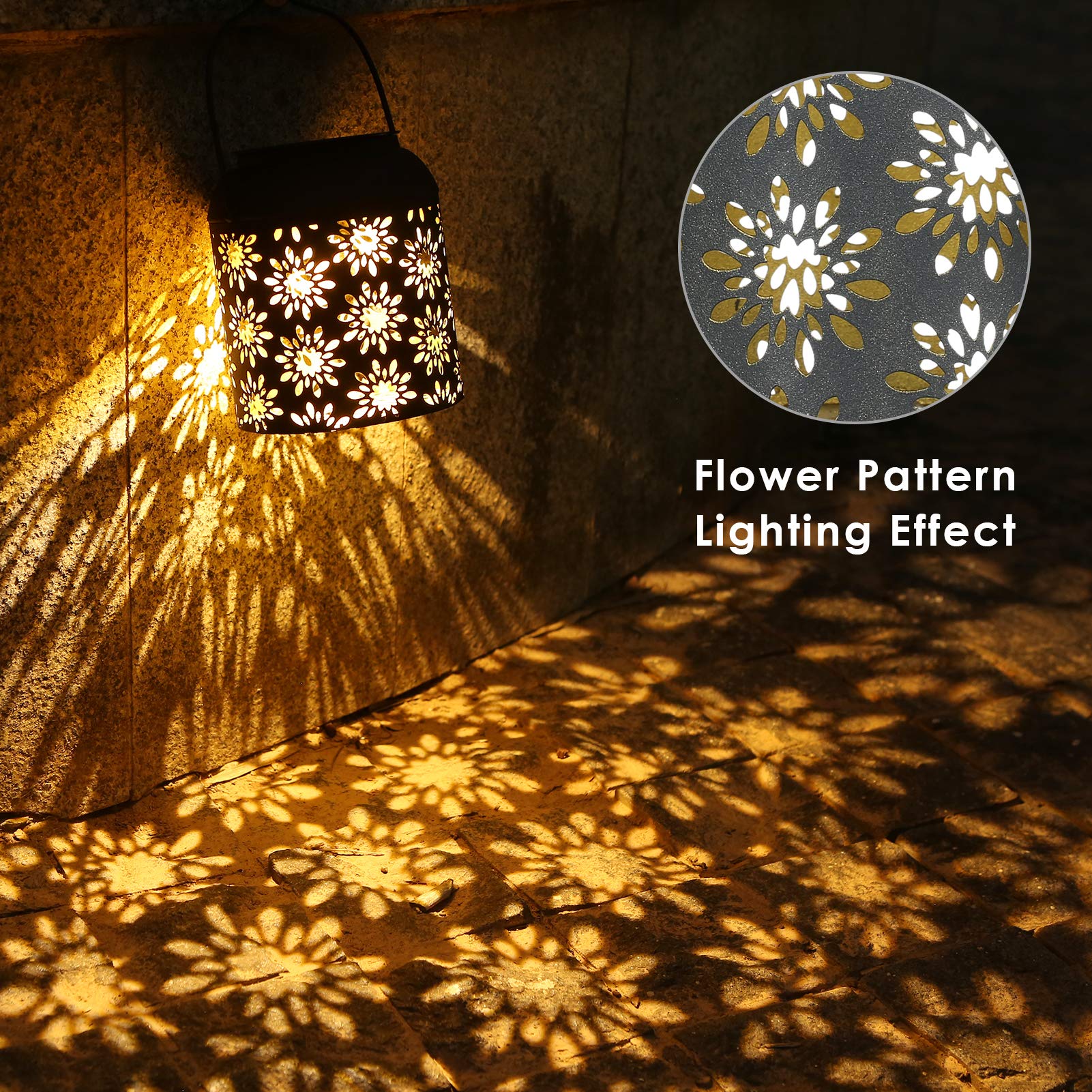 2 Pack Hanging Solar Lanterns, Tomshine Outdoor Lantern Warm White Waterproof Metal Patio Decor for Garden Landscape Yard Decoration (Flower Pattern)