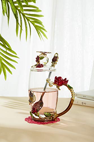 Flower Teacup Transparent Glass Teacup, (With Spoon + Lid) , Fancy Tea Cups , Flower Tea Cup,Tea Cup Gift, Gifts for Women,Mother's Day Present,Gift Box. (Rose Red High Cup)