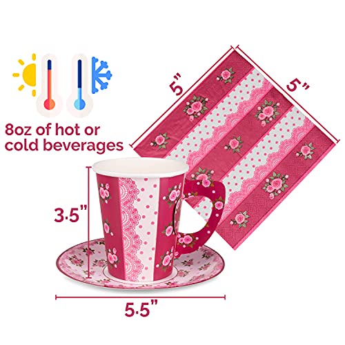 Royal Bluebonnet Rose Paper Tea Cups for Tea Party - 24 Disposable Tea Cups, Plates, and Napkins for Hot & Cold Drinks great for Easter, Mother's Day, Princess and Spring Little Girls Parties