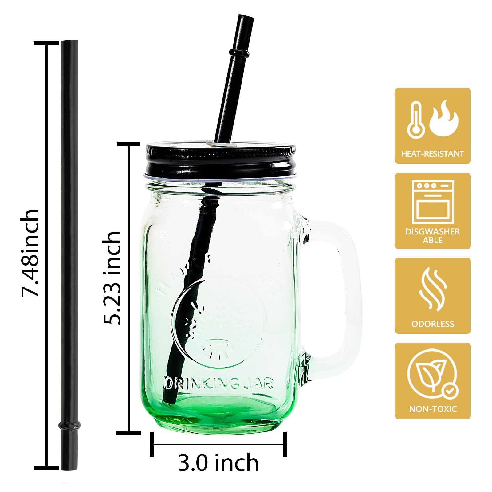 16 OZ Mason Jars with Lids and Straws,Glass Mugs with Handle Set of 4/6 Drinking Glasses,Large Wide Mason Jars Cup Set (Green, 6)