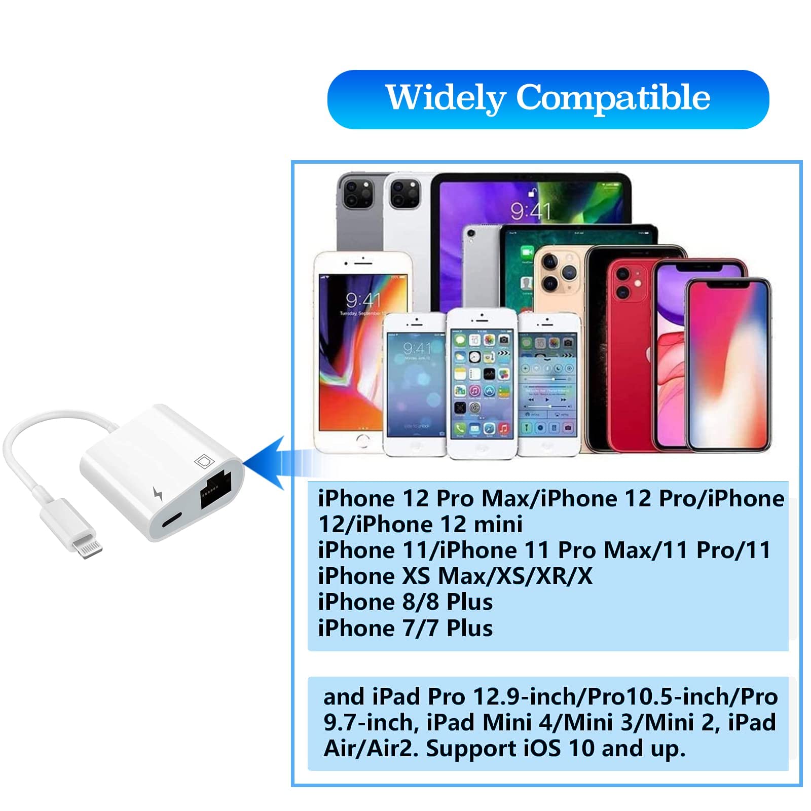 Lightning to Ethernet Adapter with Charging for iPhone/iPad [Apple MFi Certified] 2 in 1 RJ45 Ethernet High Speed iPhone LAN Network Adapter Support 100 Mbps Ethernet Network