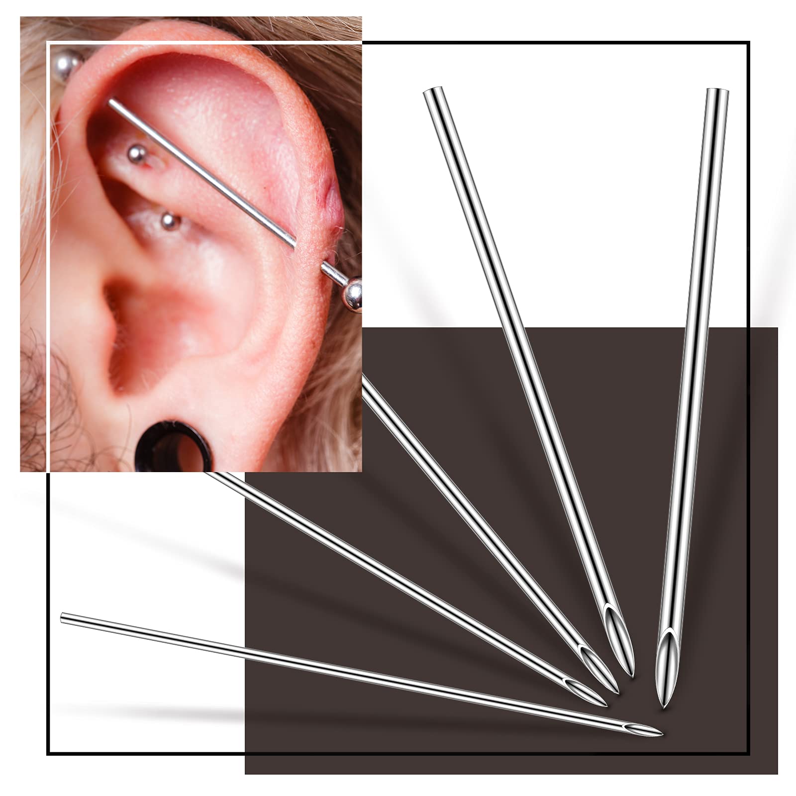 Honoson 100 Pcs Ear Nose Body Piercing Needles Mix Size 12G 14G 16G 18G 20G Stainless Steel Piercing Jewelry Kit and 1 Pcs Slotted Locking Pennington Forceps for Kit Supplies
