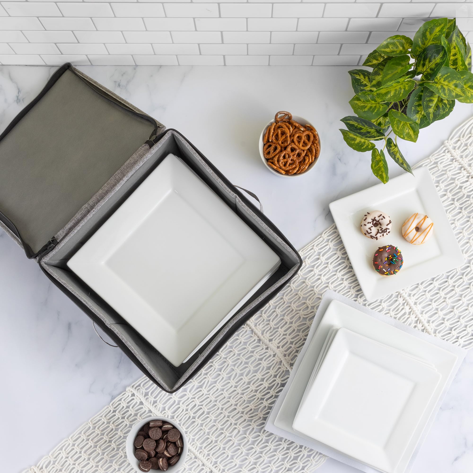 2 PACK Square China Storage Containers for Dishes, 10"x10"x8" Plate Storage, Dish Storage Containers with Lid and Handles, Heavy Duty Dinnerware Storage, Hard Shell and Stackable, 24 Felt Dividers