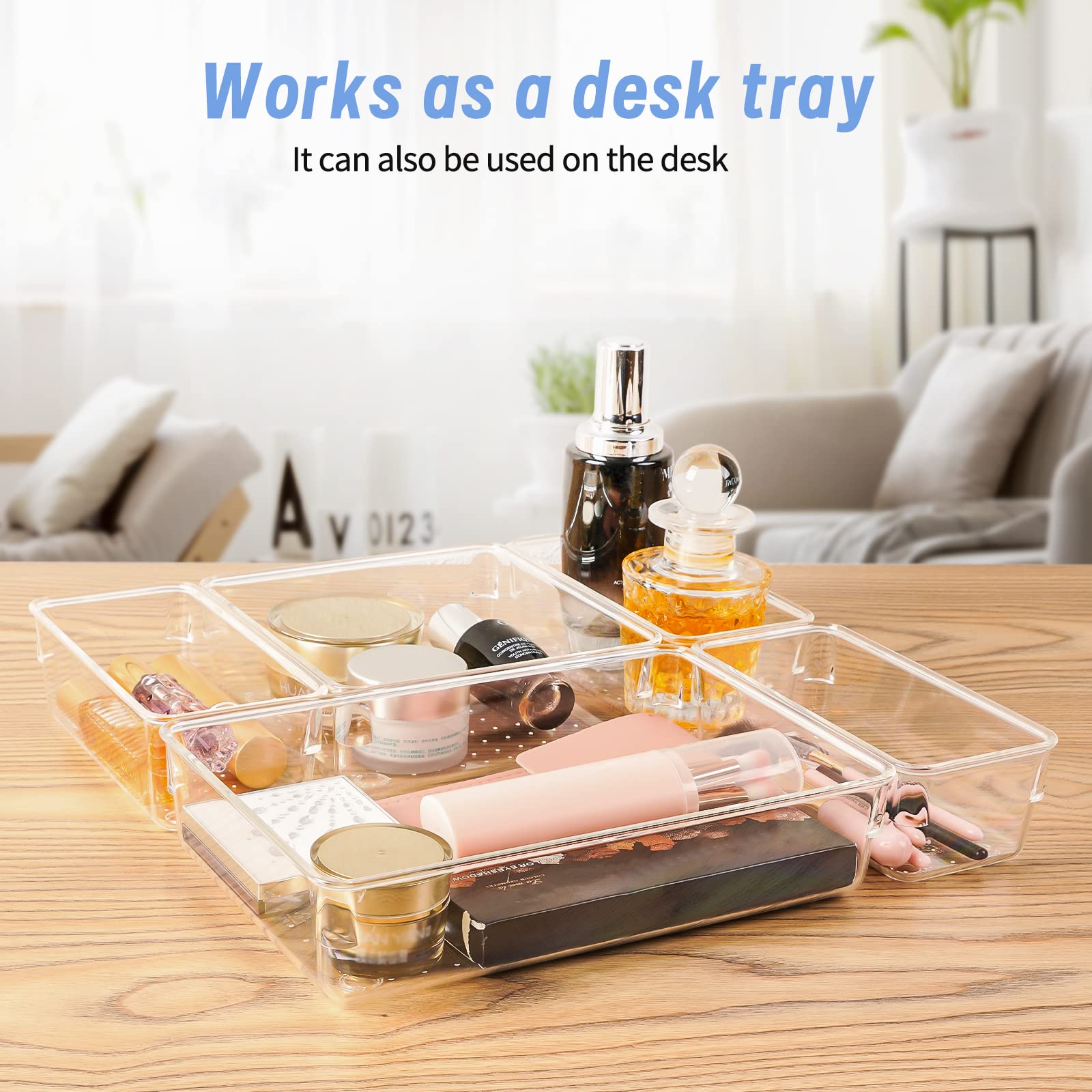 16 PCS Clear Plastic Drawer Organizer Set, 5-Size Desk Drawer Divider Vanity Drawer Organizer Trays, Versatile Storage Bins for Makeup, Jewelry and Office, Desk, Bathroom, Bedroom, Kitchen
